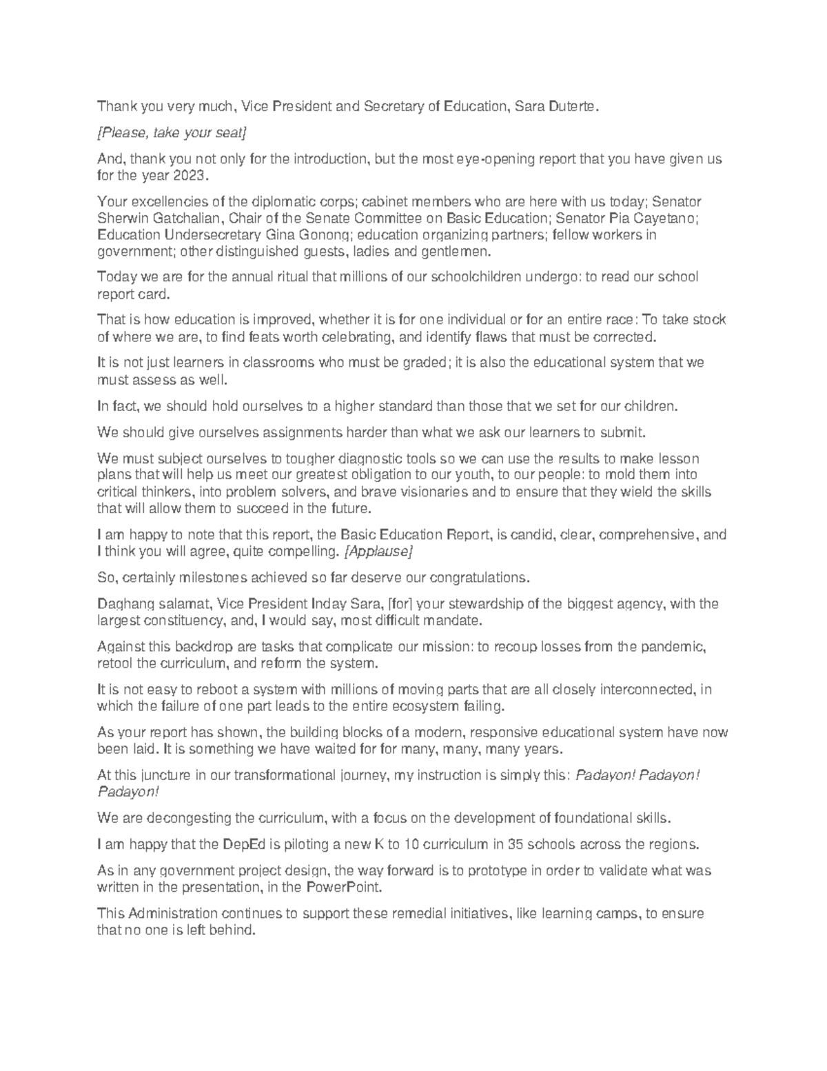 Pbbm speech transcript during basic Edcation report - Thank you very ...