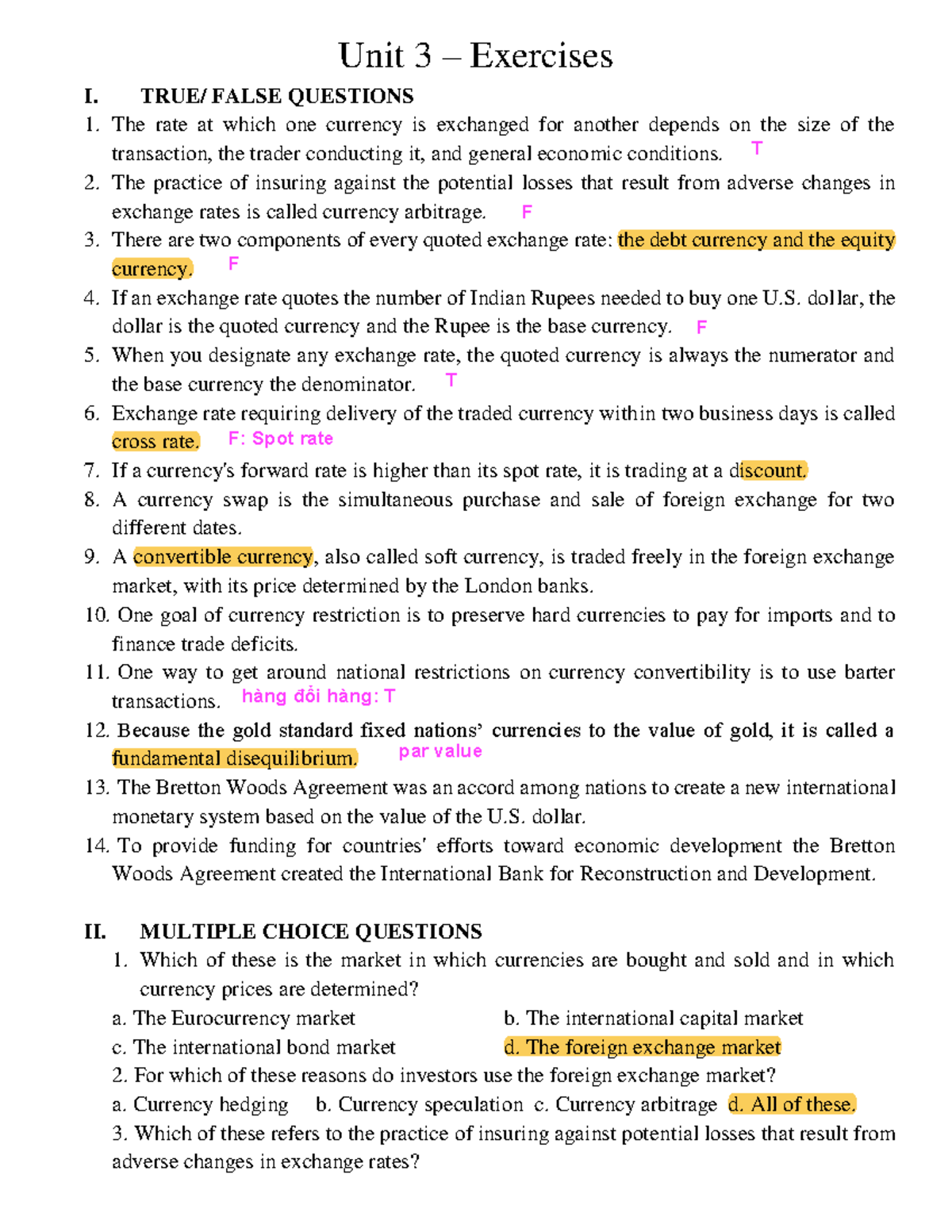 Unit 3 - Exercises to sts - Unit 3 – Exercises I. TRUE/ FALSE QUESTIONS The rate at which one ...