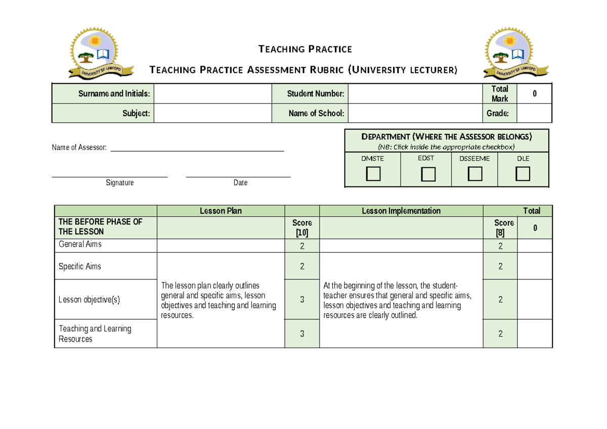 TP Assessment Rubric - University Lecturer 2024 - TEACHING PRACTICE ...