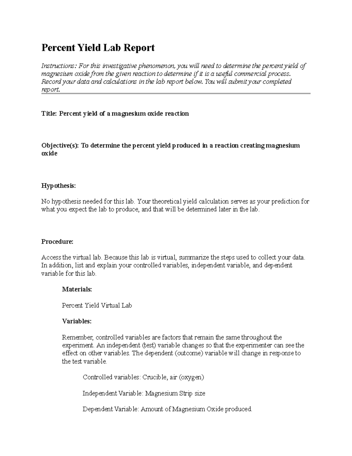 05 06 percent yield lab report - Percent Yield Lab Report Instructions ...