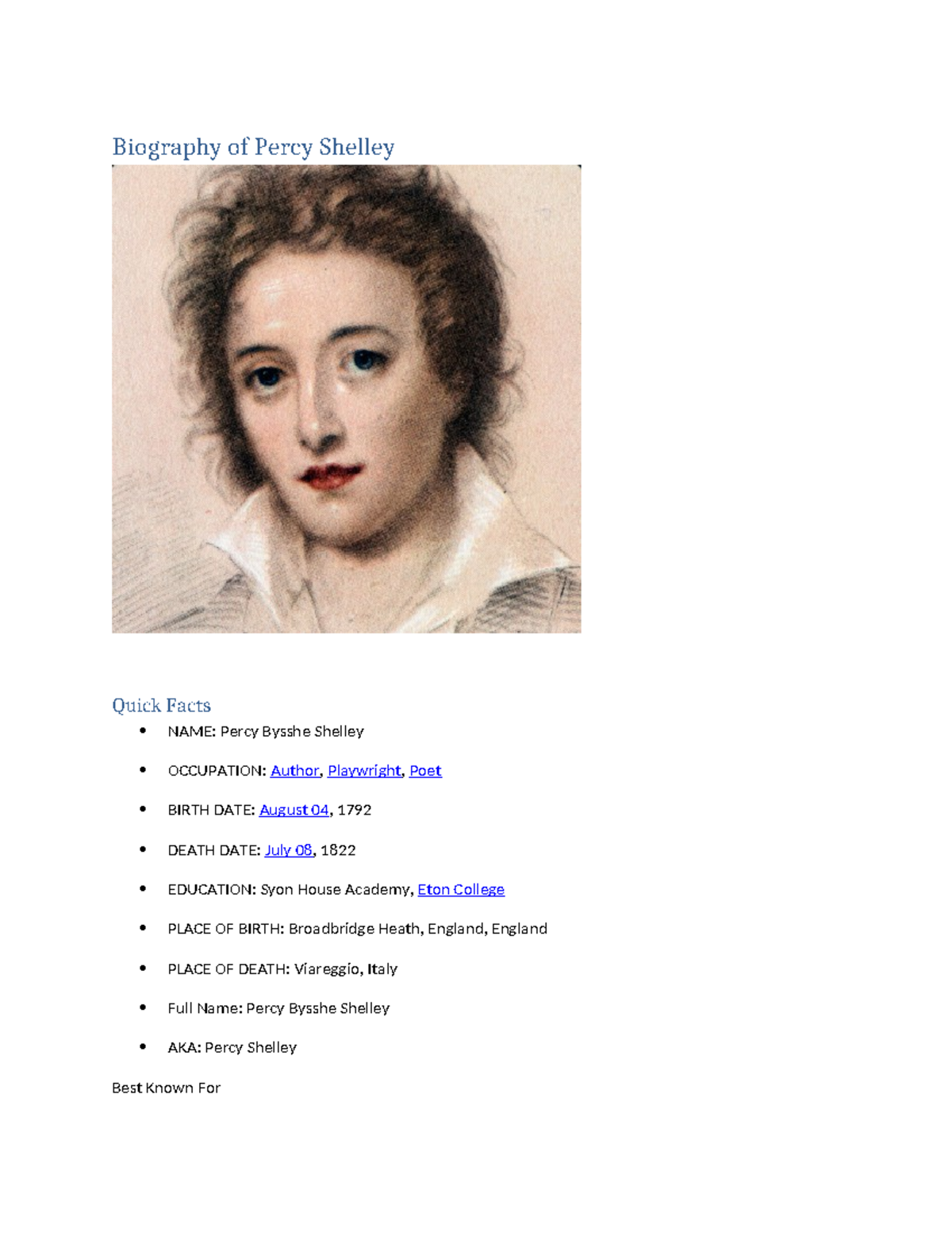 English Lit. II Percy Shelley biography - Biography of Percy Shelley ...