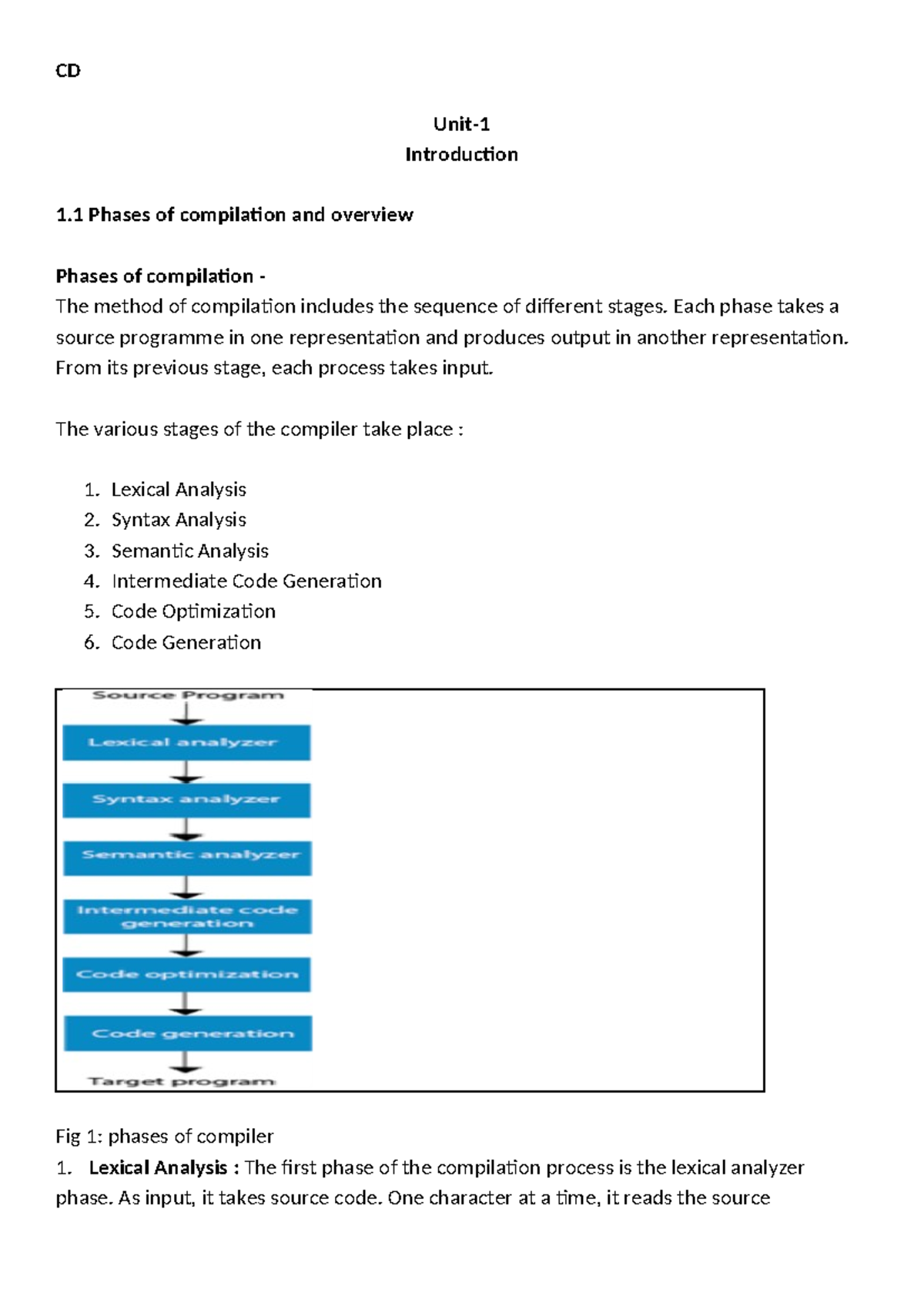 CD unit 1 - Introduction: Phases of compilation and overview. Lexical Analysis (scanner): - CD ...