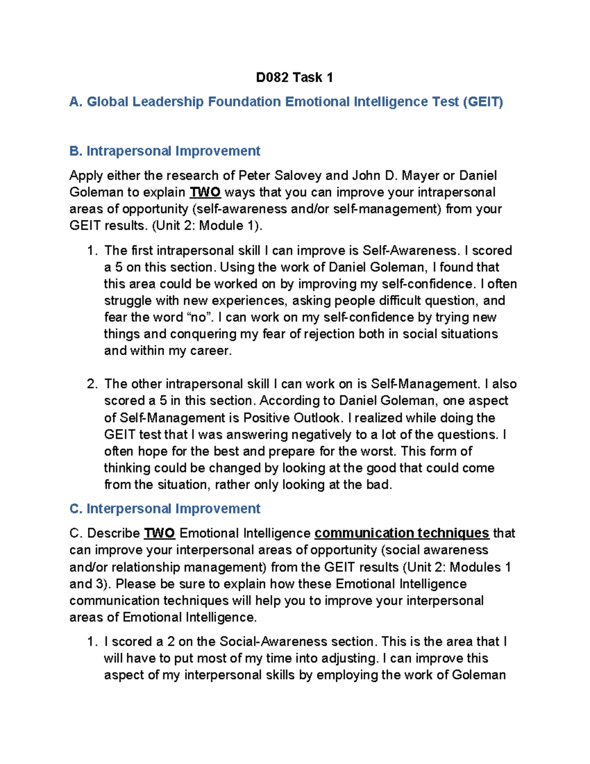 EI Task 1 - First task for WGU D082 - D082 Task 1 A. Global Leadership ...