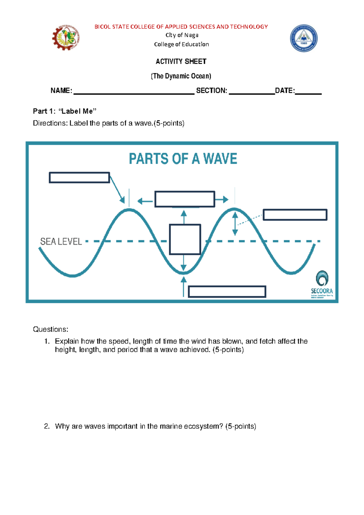The Dynamic Ocean Activity Sheet Group 9 - BICOL STATE COLLEGE OF ...
