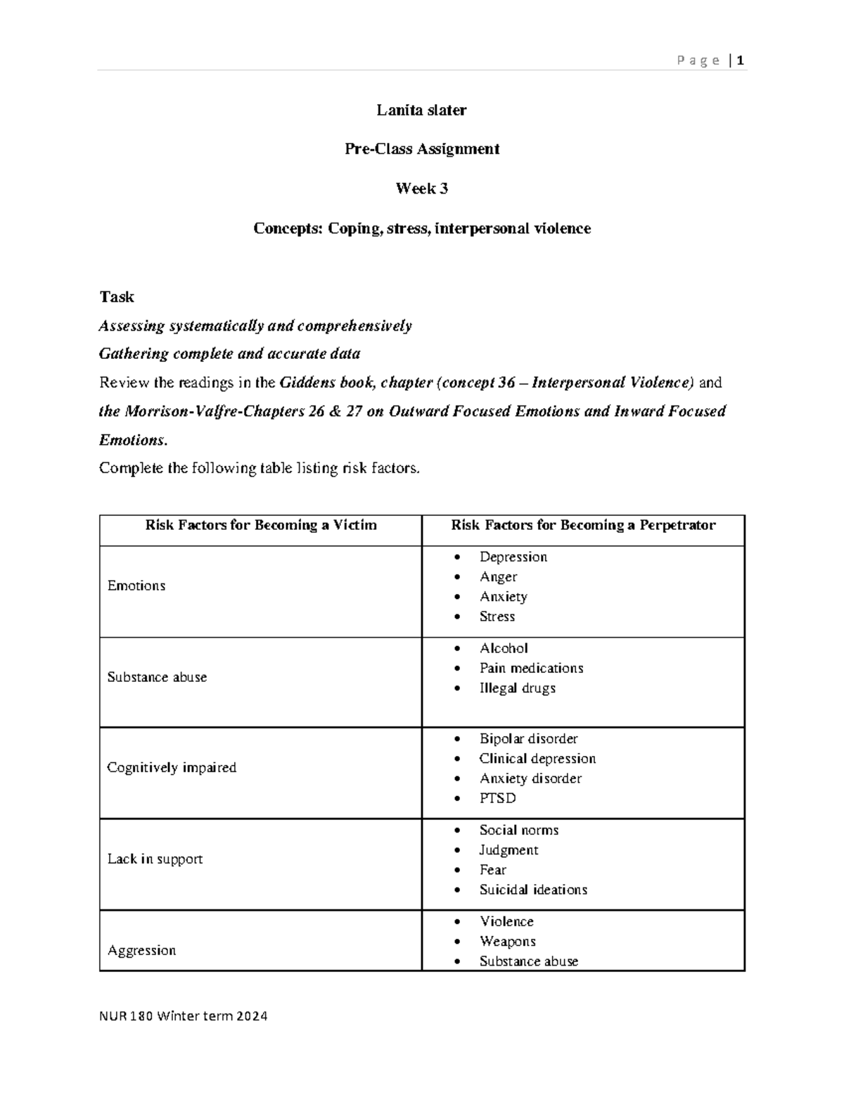 Week 3 Pre-Class Assignment - Lanita slater Pre-Class Assignment Week 3 Concepts: Coping, stress ...