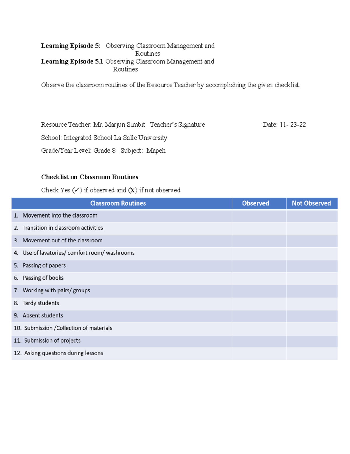 Dsadasda - GOOD TOPIC - Learning Episode 5: Observing Classroom ...