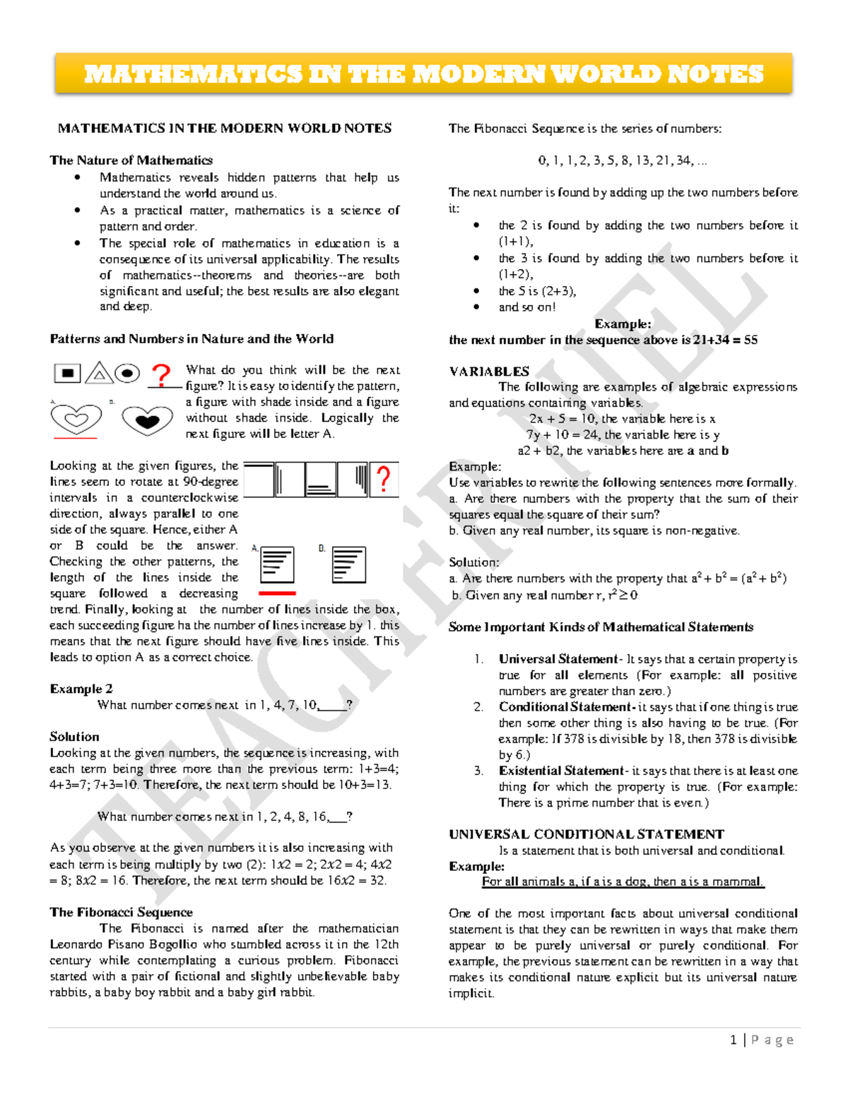 Mathematics IN THE Modern World Notes - MATHEMATICS IN THE MODERN WORLD ...
