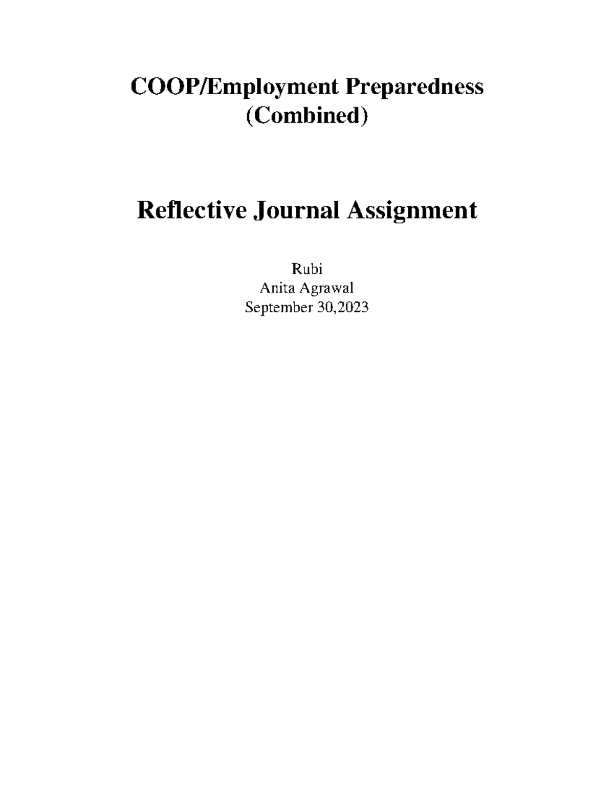 Reflective Journal Assignment - COOP/Employment Preparedness (Combined ...