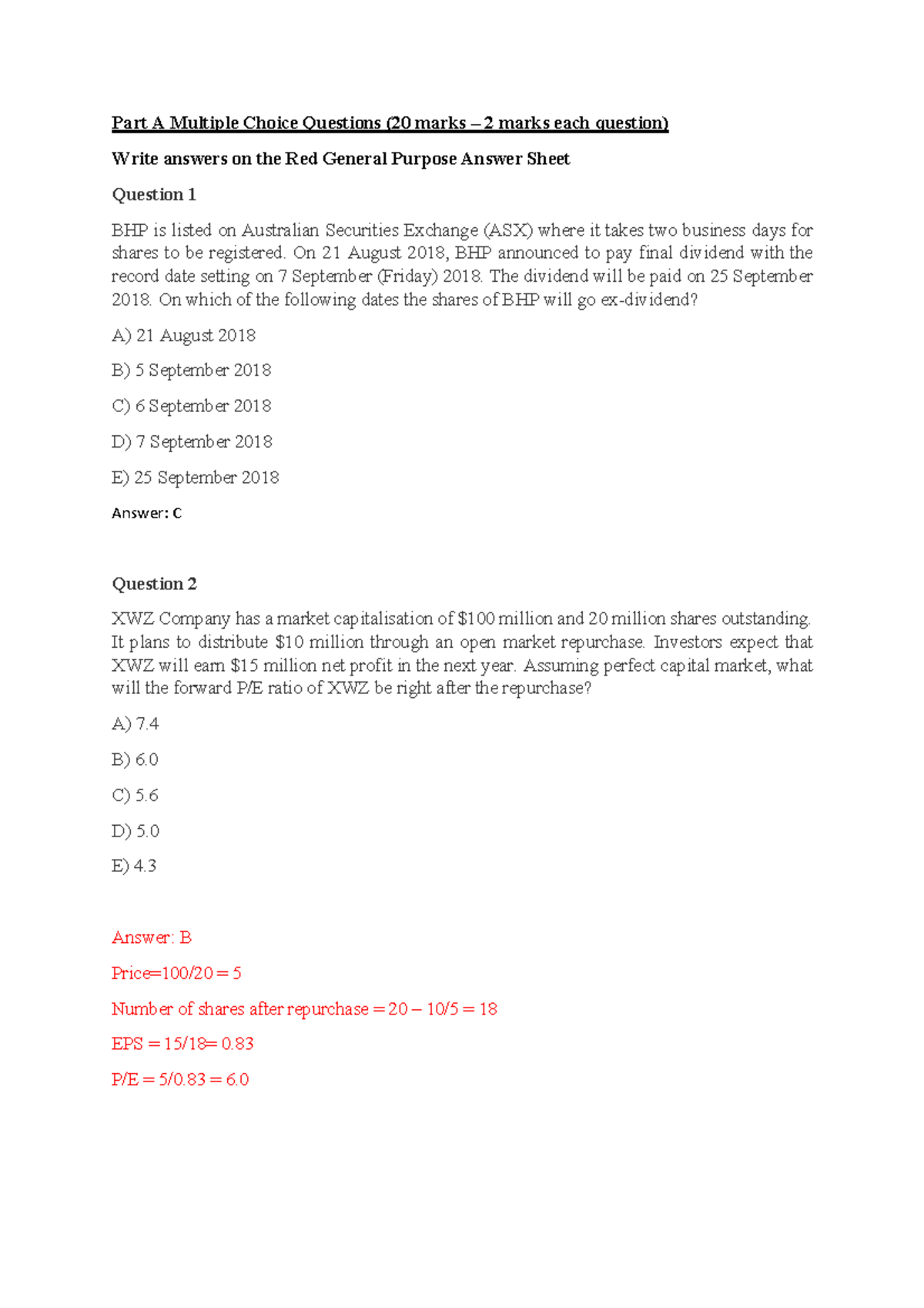 Sample question solution - Part A Multiple Choice Questions (20 marks ...