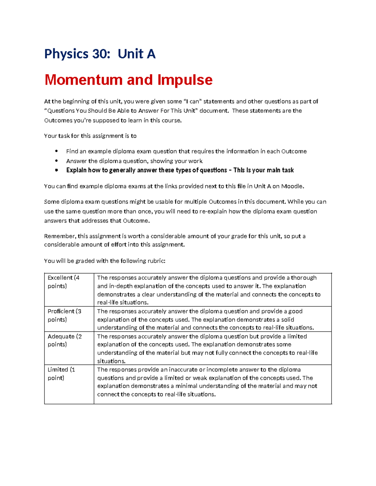 Physics 30 Unit A Outcome Analysis - Physics 30: Unit A Momentum and ...