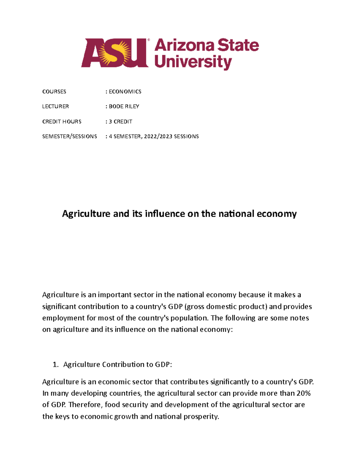 Agriculture and its influence on the national economy - COURSES ...