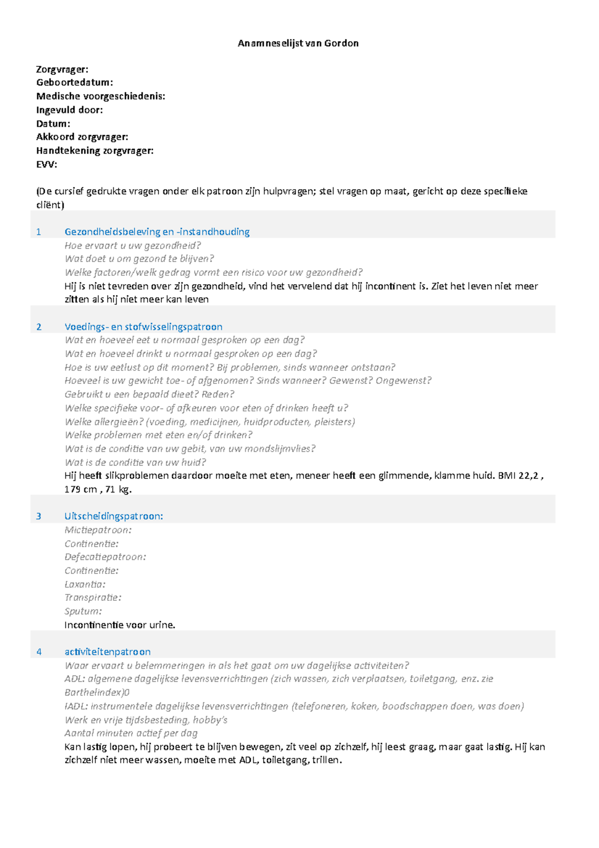 Anamnese Dhr. Grootendorst CHE VENM - Anamneselijst van Gordon ...