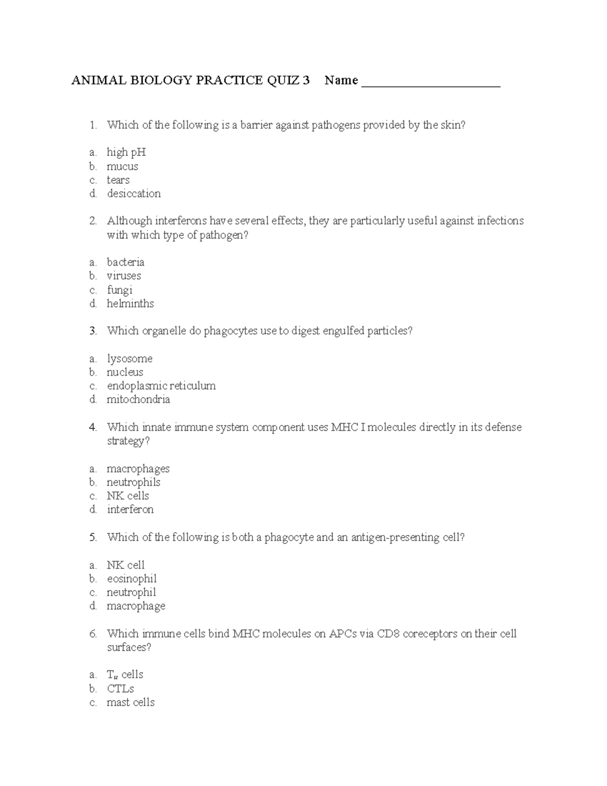 Animal+Biology+Quiz+3 - ANIMAL BIOLOGY PRACTICE QUIZ 3 Name ...