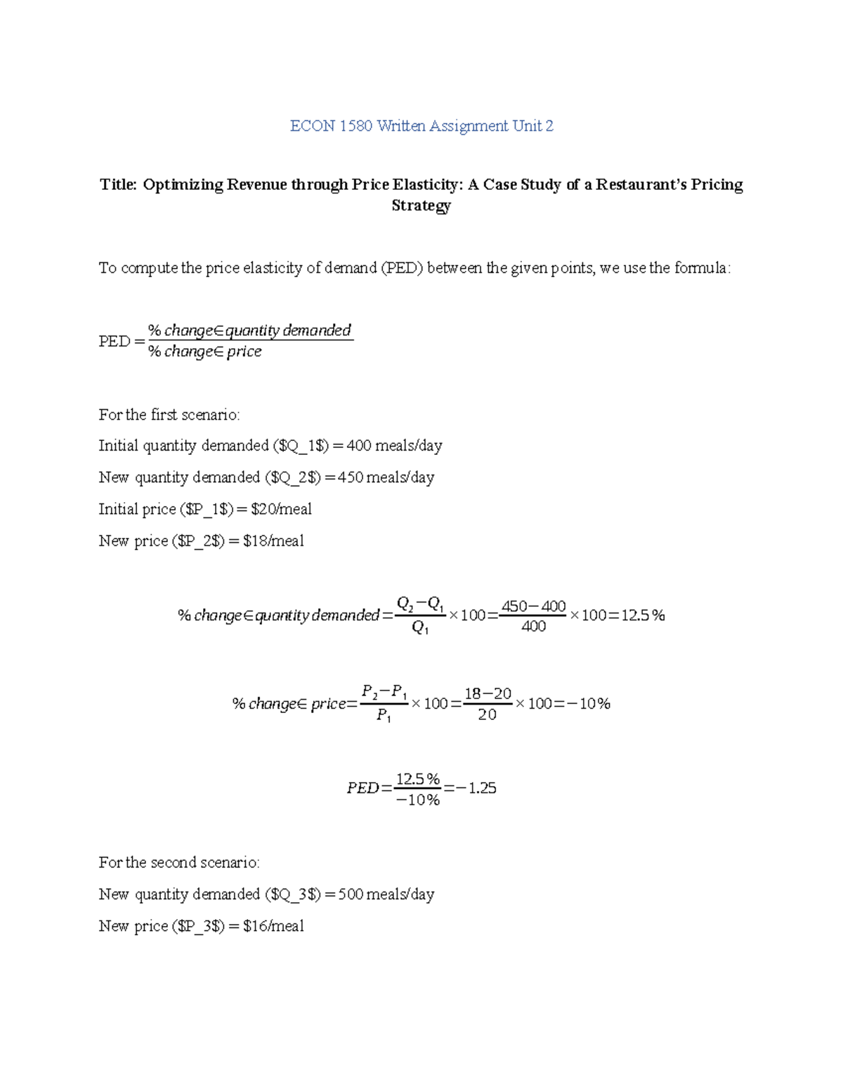 ECON 1580 Written Assignment Unit 2 - ECON 1580 Written Assignment Unit 2 Title: Optimizing ...