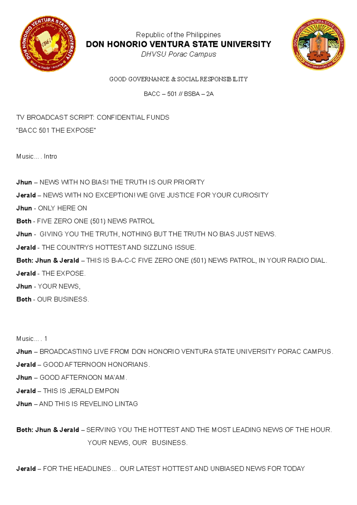 TV Broad Script - Republic of the Philippines DON HONORIO VENTURA STATE ...