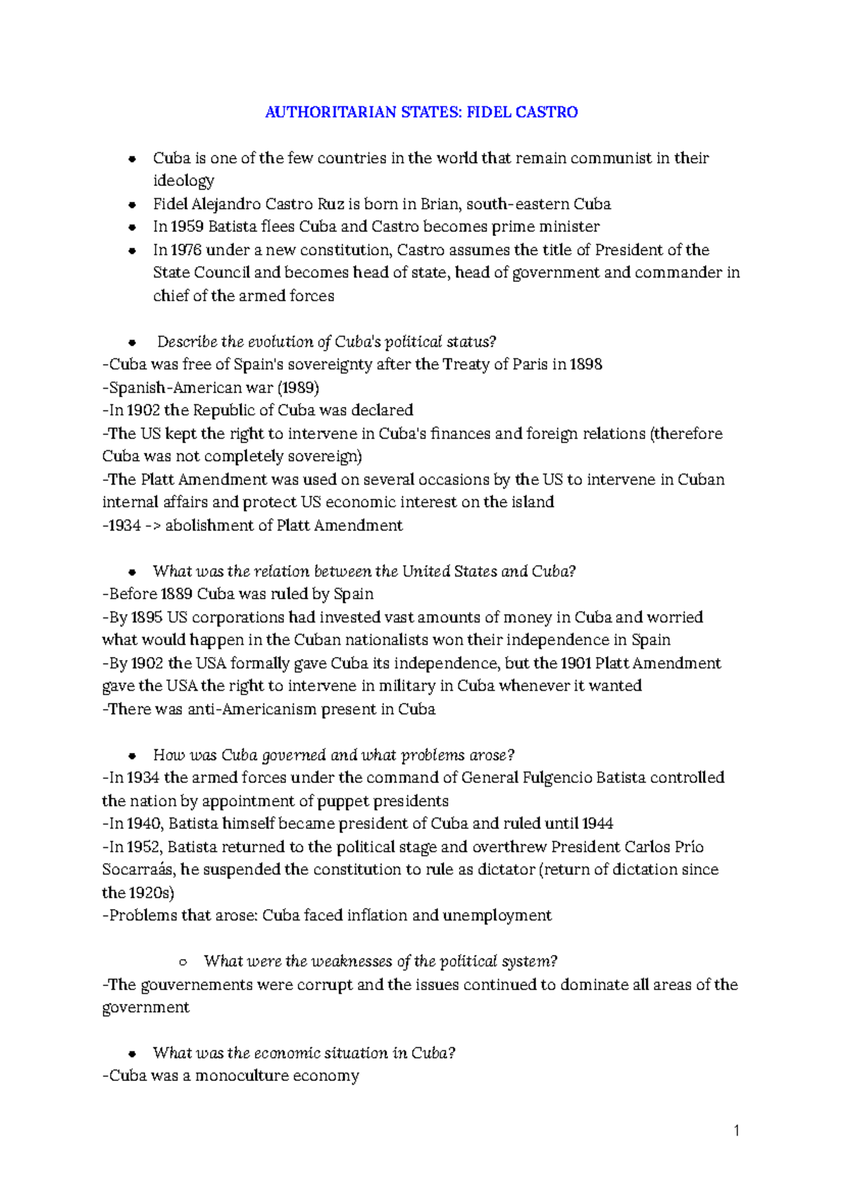 Castro Cuba Standard Level - AUTHORITARIAN STATES: FIDEL CASTRO Cuba is ...