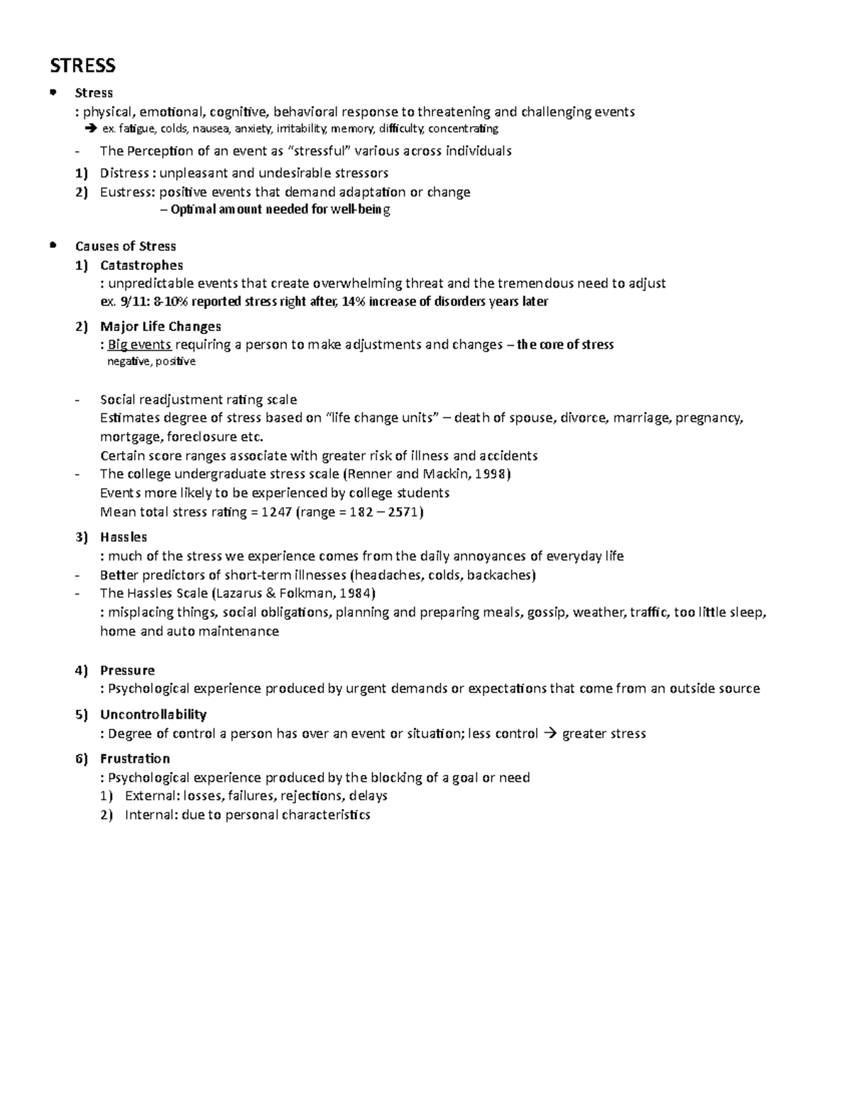 3. Psych 111 - Notes 3 (Lecture + Textbook) - STRESS Stress : physical ...