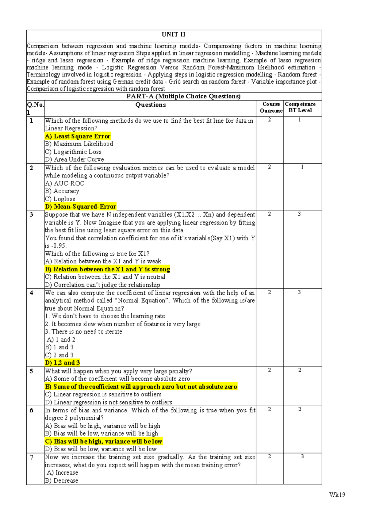 CT2 MCQ only - Statistical machine learning - UNIT II Comparison between regression and machine ...