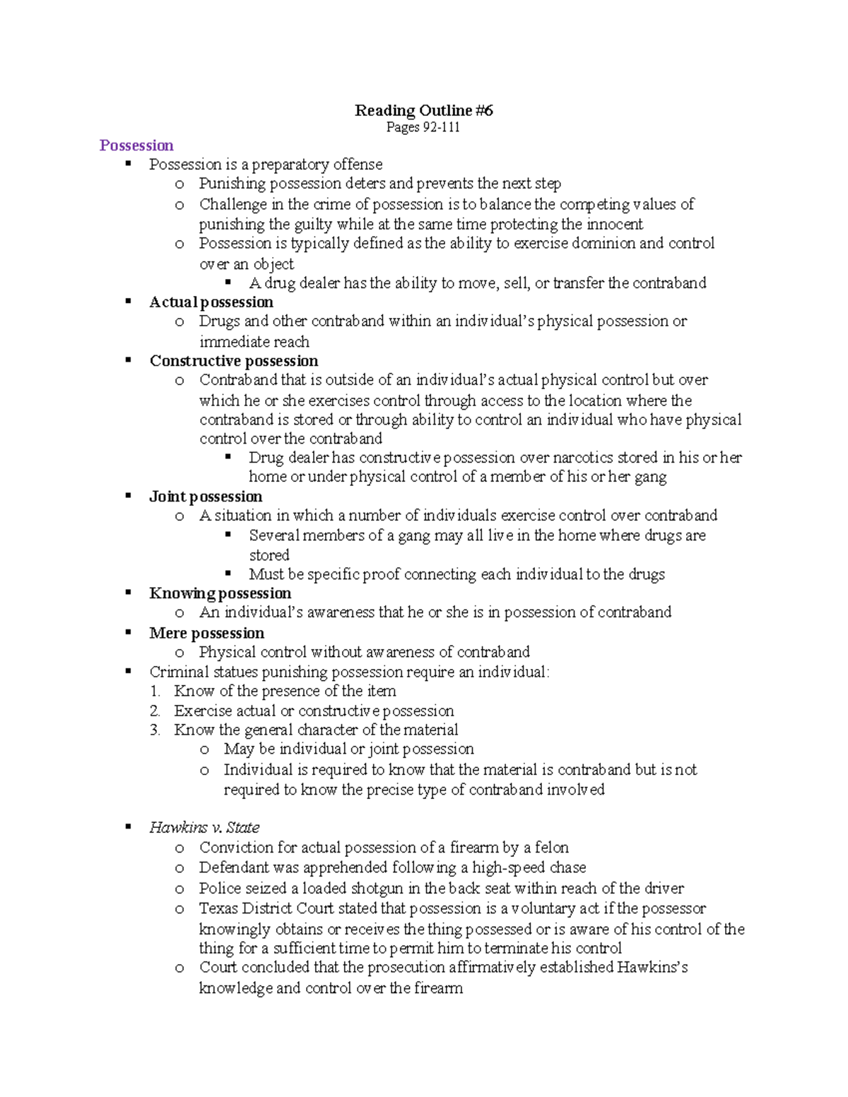 Reading outline #6 - Criminal Law textbook, pages 92 to 111 - Reading ...