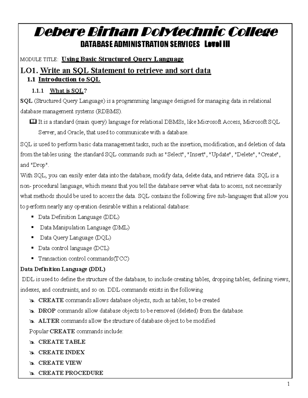 UC4-Basic Structured Query Language (Editted) - Debere Birhan Polytechnic College DATABASE - Studocu