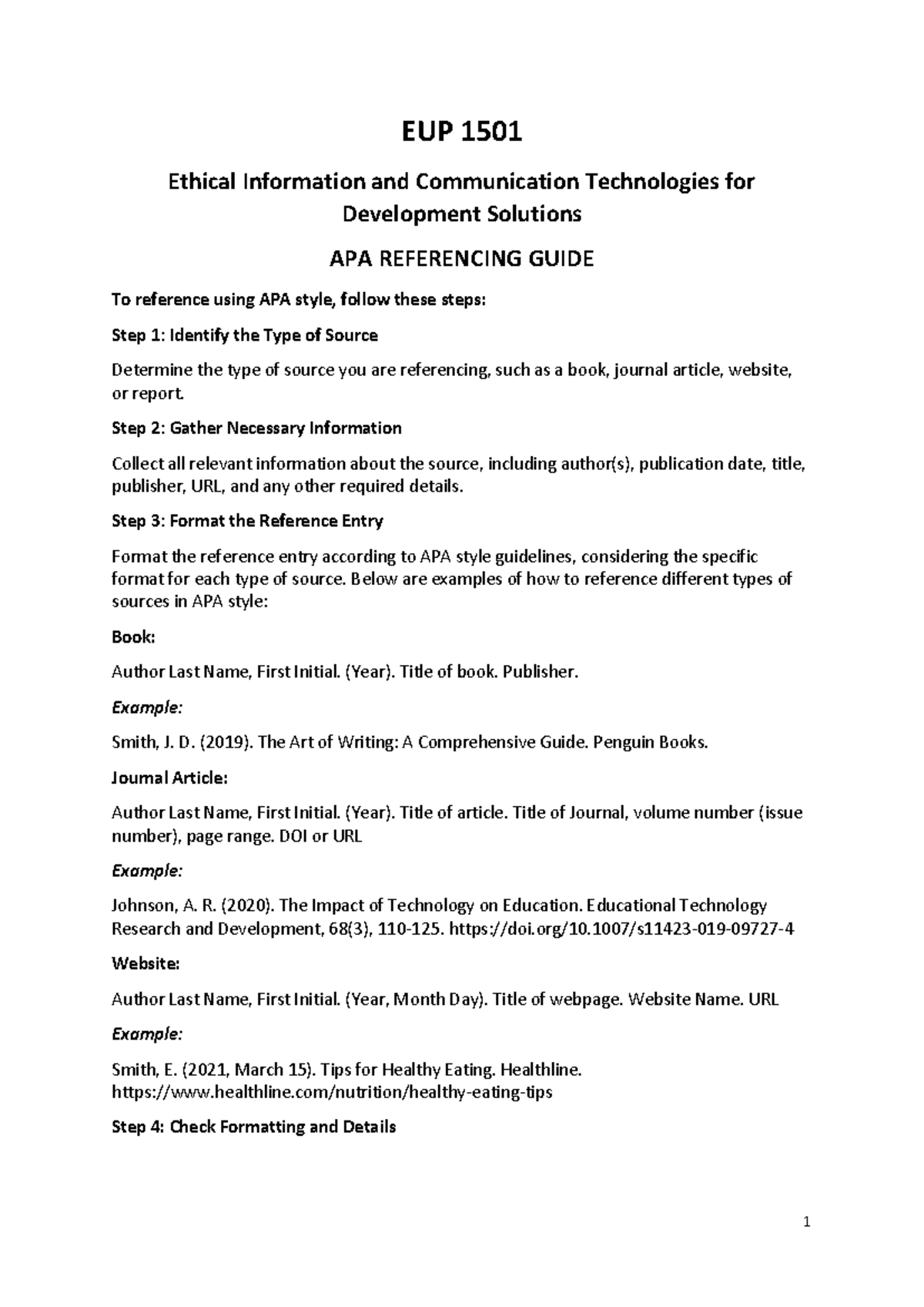 APA Referencing Guidelines - 1 EUP 1501 Ethical Information and ...