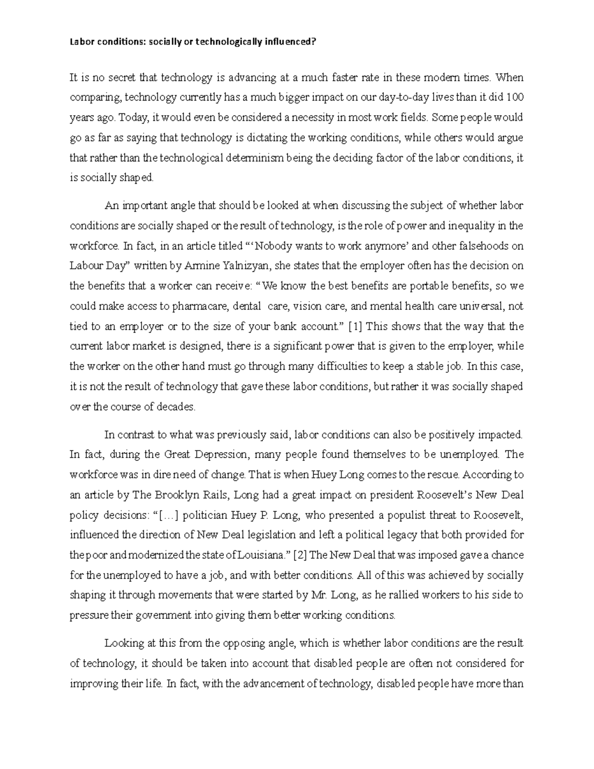 E2 - Second essay of ENGR392, topic was labour conditions - Labor ...