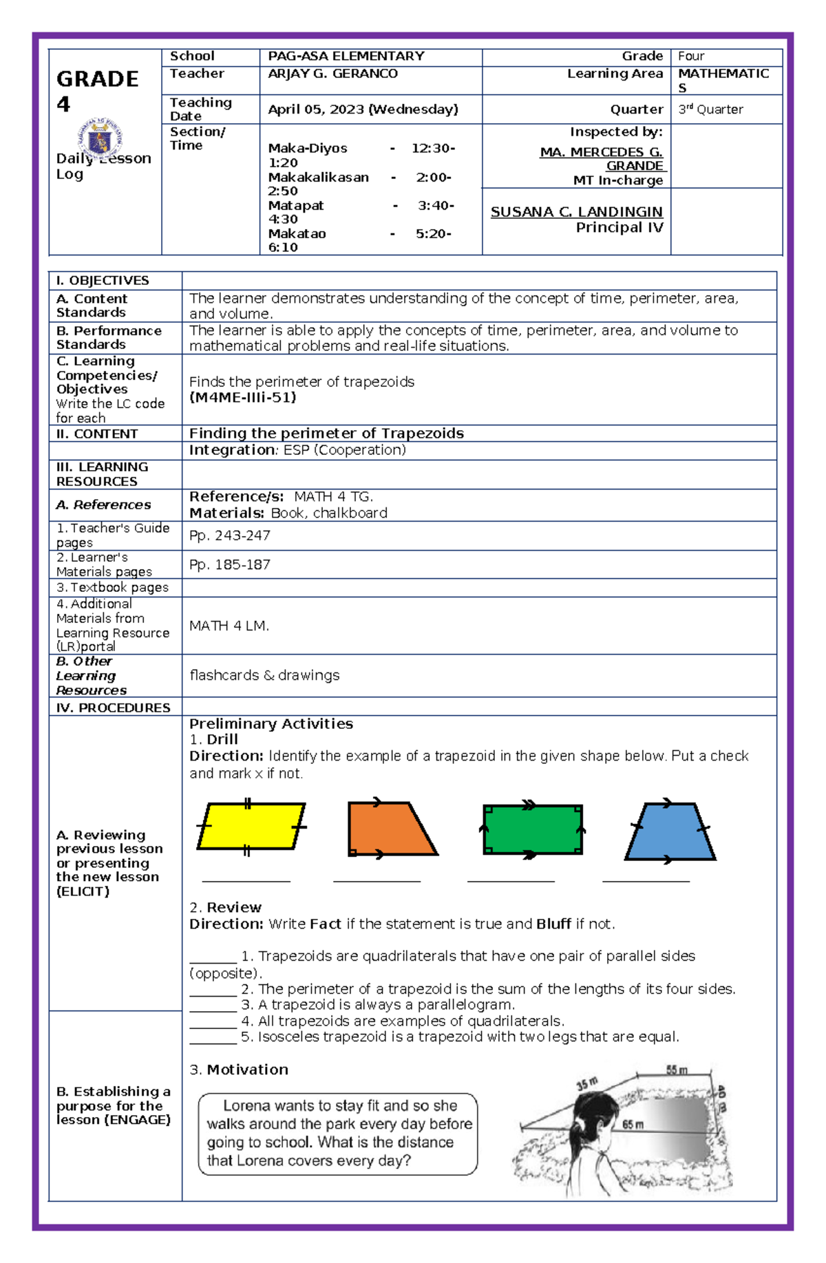 DLL MATH4 APR - DAILY LOG - GRADE 4 Daily Lesson Log School PAG-ASA ...