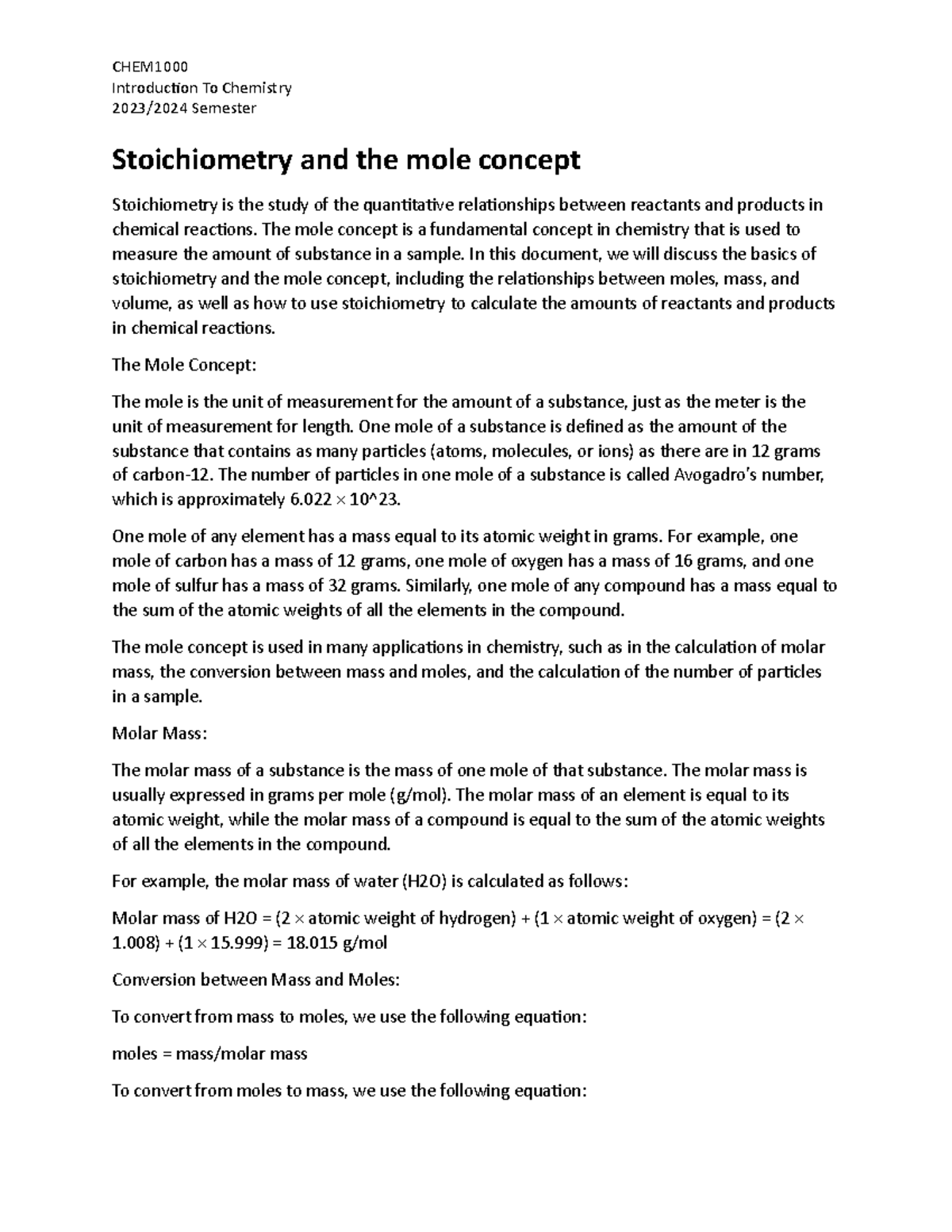 Stoichiometry and the mole concept - CHEM Introduction To Chemistry ...