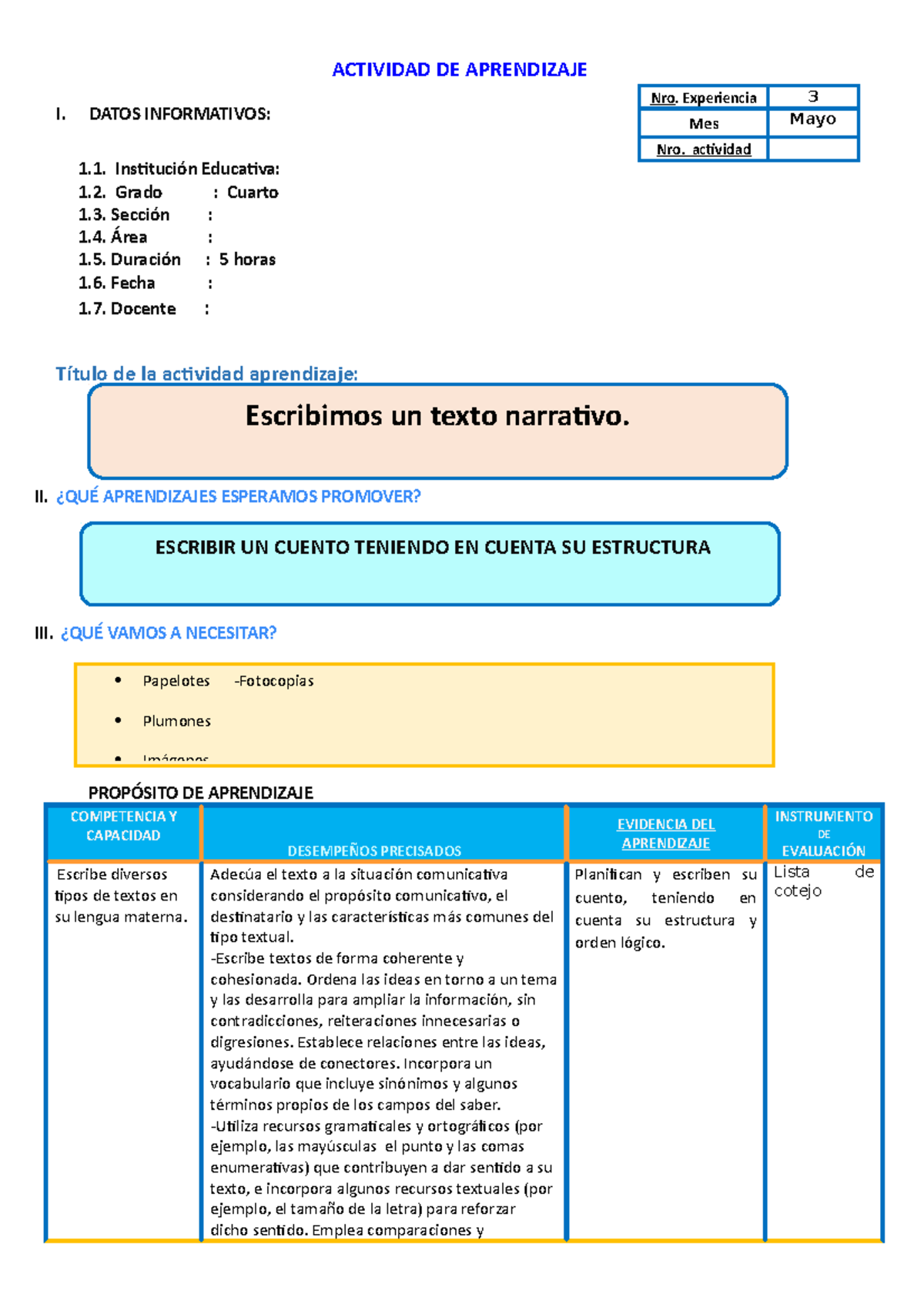 Sesión Escribe UN Texto Narrativo - ACTIVIDAD DE APRENDIZAJE I. DATOS ...