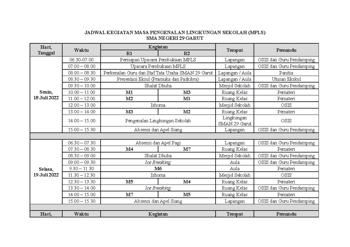 Jadwal Kegiatan MPLS 2022 lhkh - JADWAL KEGIATAN MASA PENGENALAN LINGKUNGAN SEKOLAH (MPLS) SMA ...