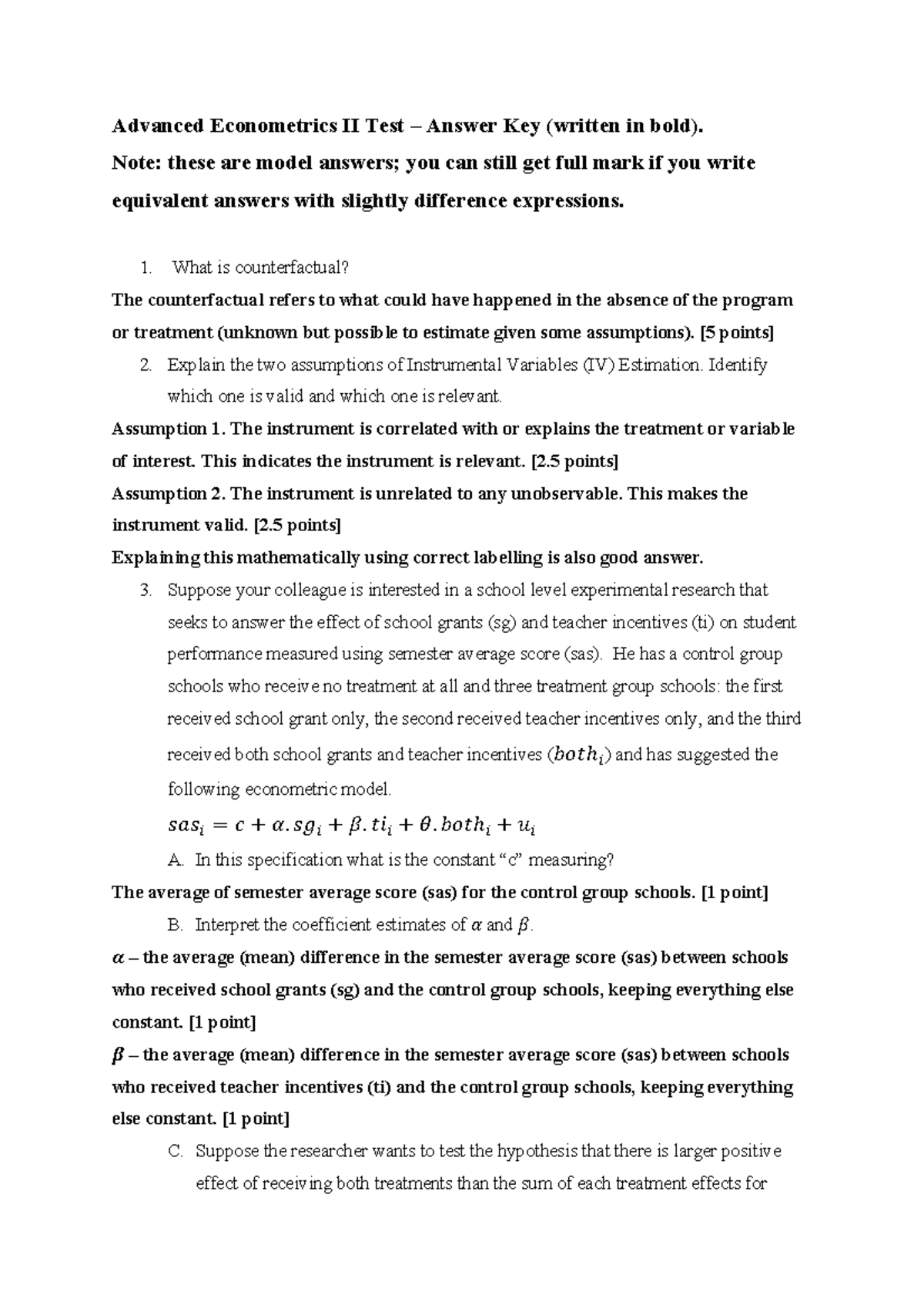 Answer Key Advanced Econometrics II Test 2021 - Advanced Econometrics ...