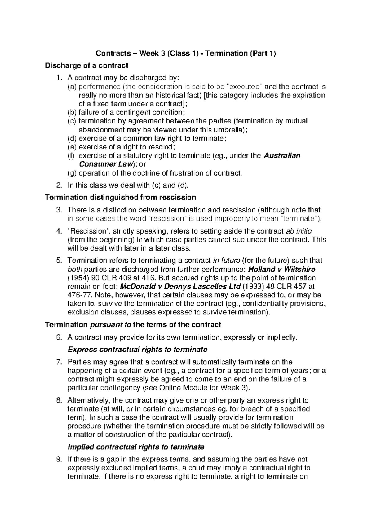 Contracts Outline - Week 3 Class 1 - Contracts – Week 3 (Class 1 ) - Termination (Part 1 ...