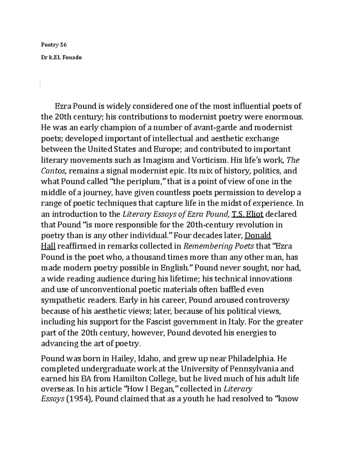 Document (10) - Ezra Pound - Poetry S Dr k Fouado Ezra Pound is widely ...