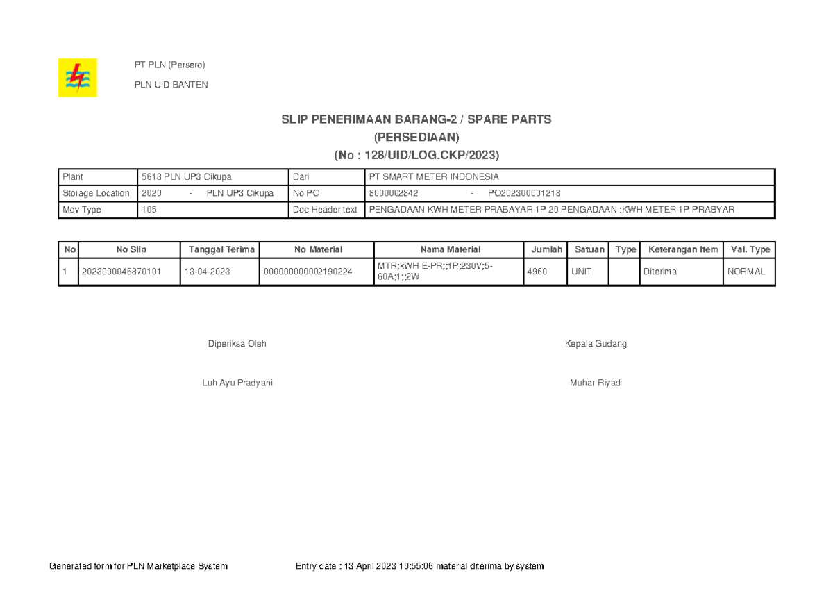 File TUG 3 (62) - nothing - PT PLN (Persero) PLN UID BANTEN SLIP PENERIMAAN BARANG-2 / SPARE ...
