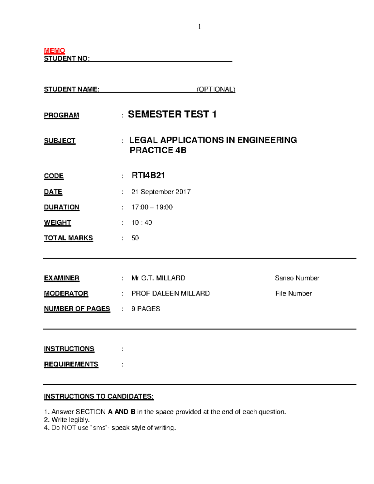 Semester Test 1 - MEMO - 1 MEMO STUDENT NO ...