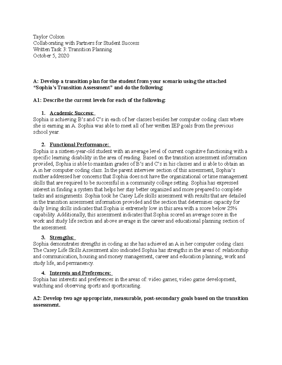 Written Task 3-Transition Planning - Taylor Colson Collaborating with ...
