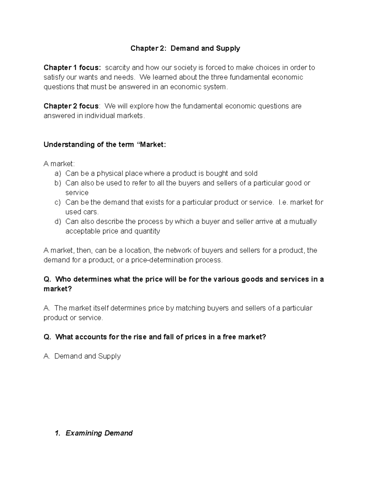 Demand and Supply - Chapter 2: Demand and Supply Chapter 1 focus ...