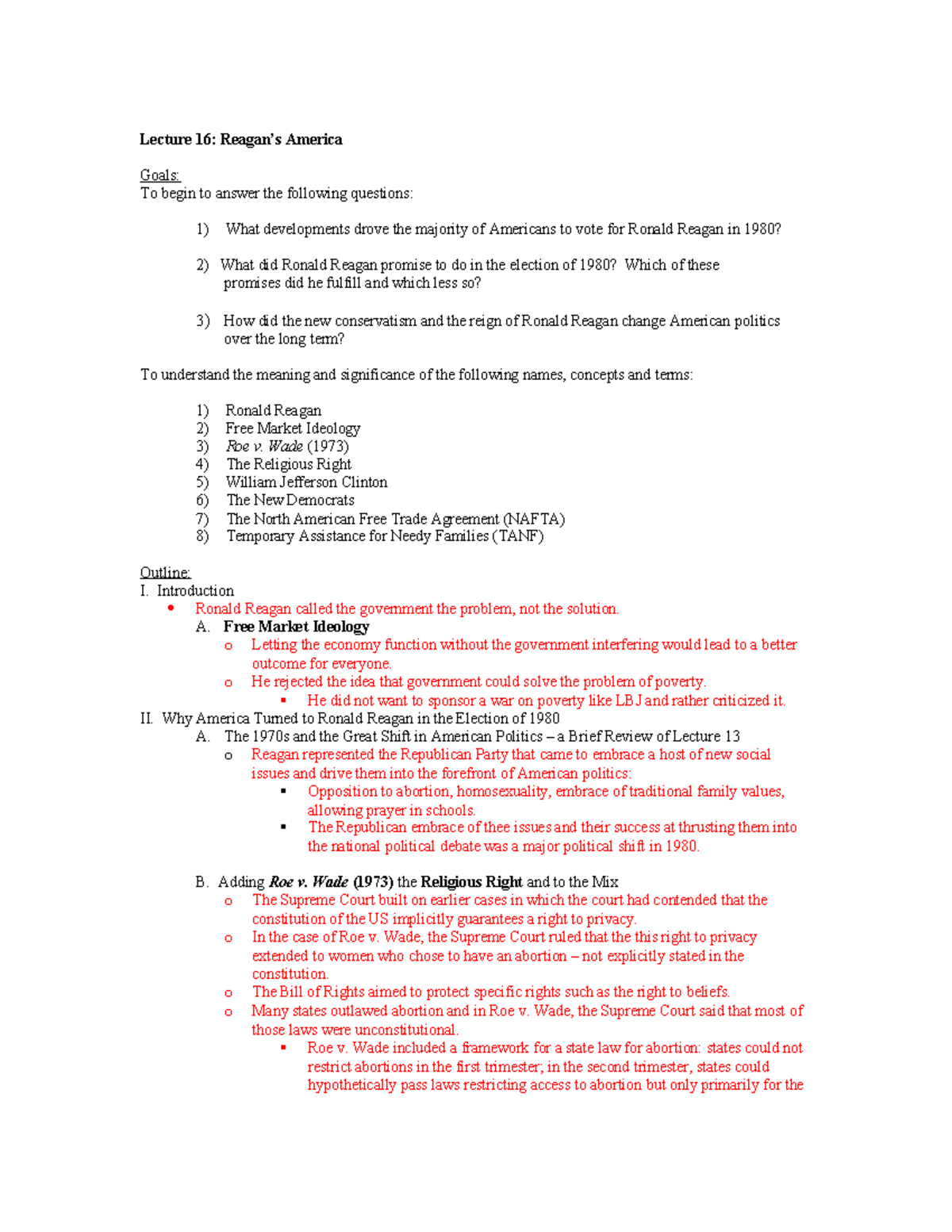 Lecture 16 Reagan Outline 2024 - Lecture 16: Reagan’s America Goals: To ...