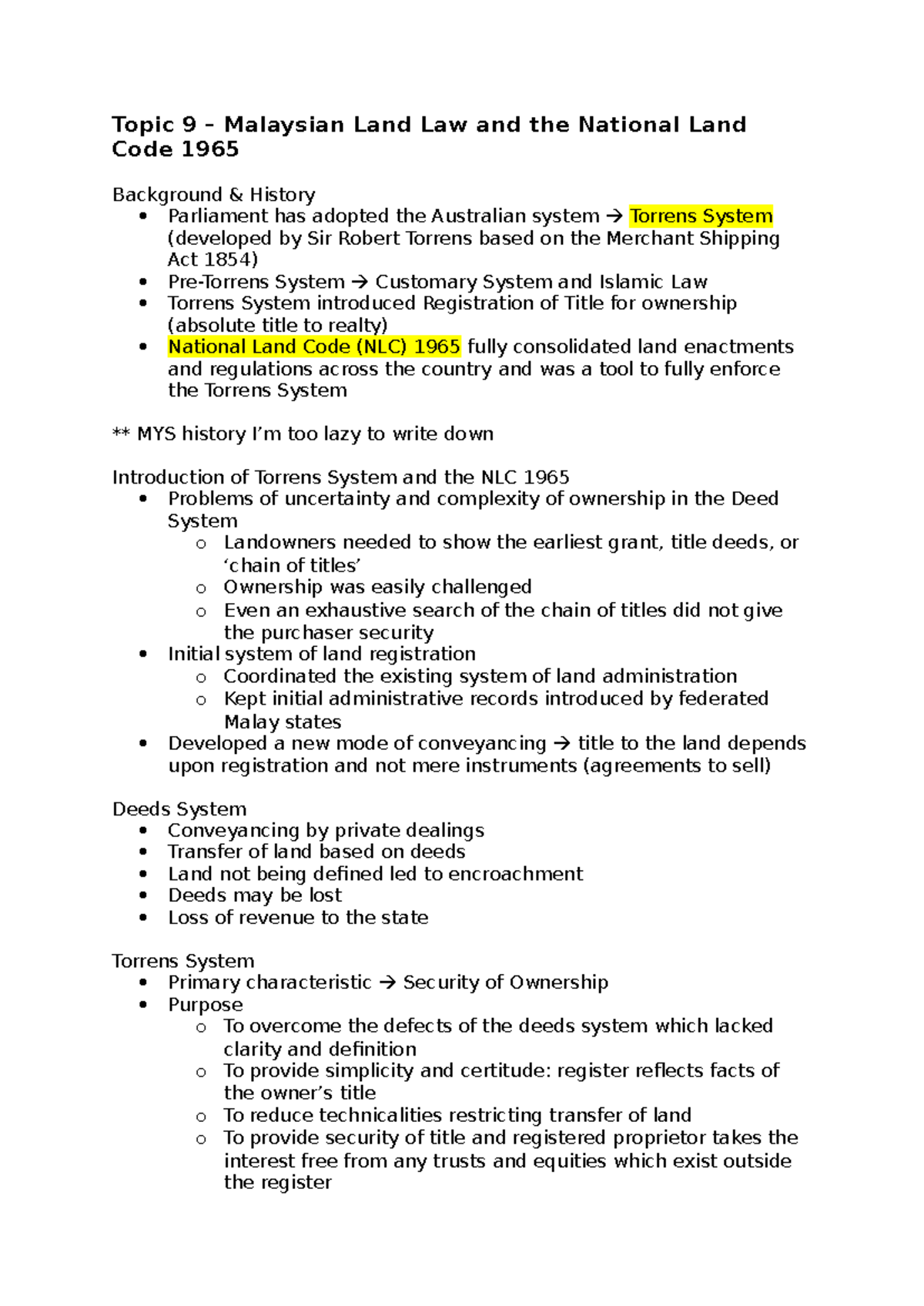Topic 4 5 notes - Topic 9 – Malaysian Land Law and the National Land ...