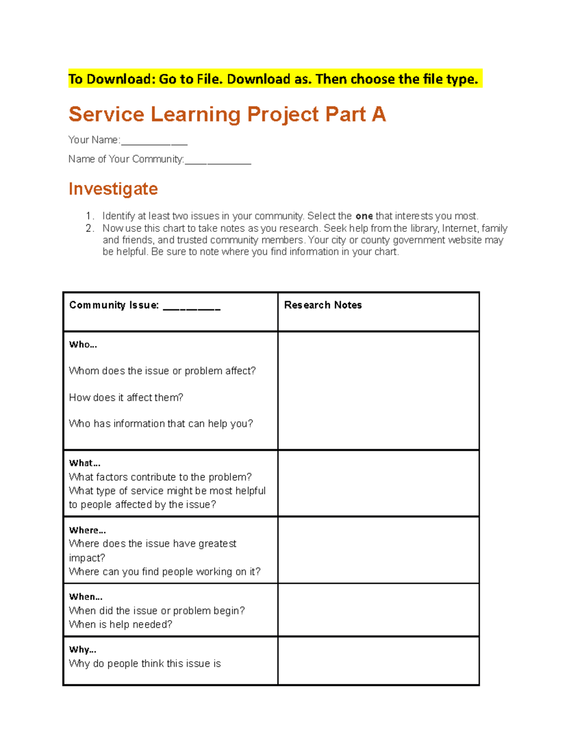 Copy of Service Learning Part A - To Download: Go to File. Download as ...