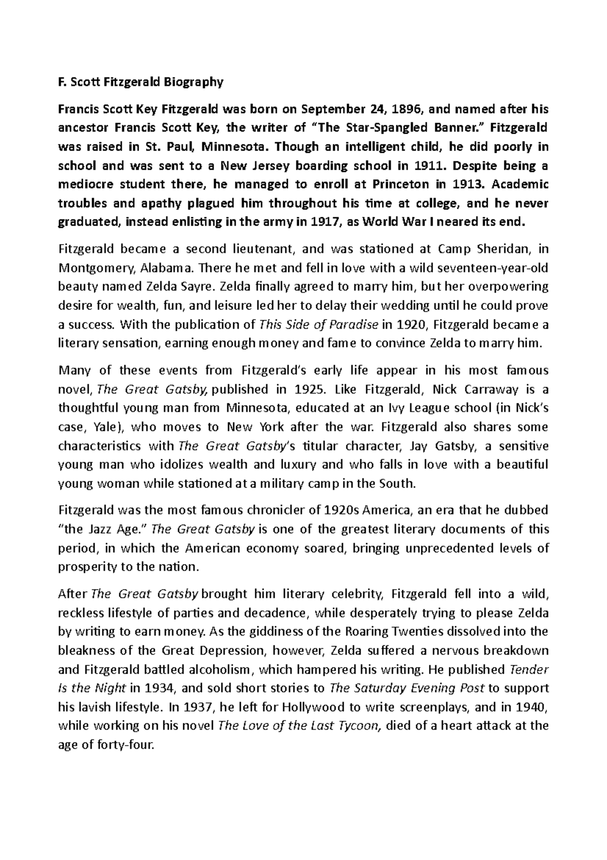 Fitzgerald biography - Inglese - F. Scott Fitzgerald Biography Francis ...