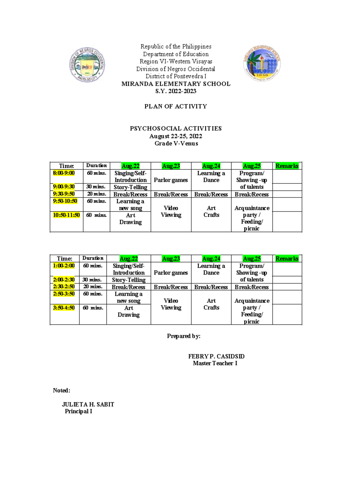 Plan of Activity - Plan of action to start the school year - Republic ...