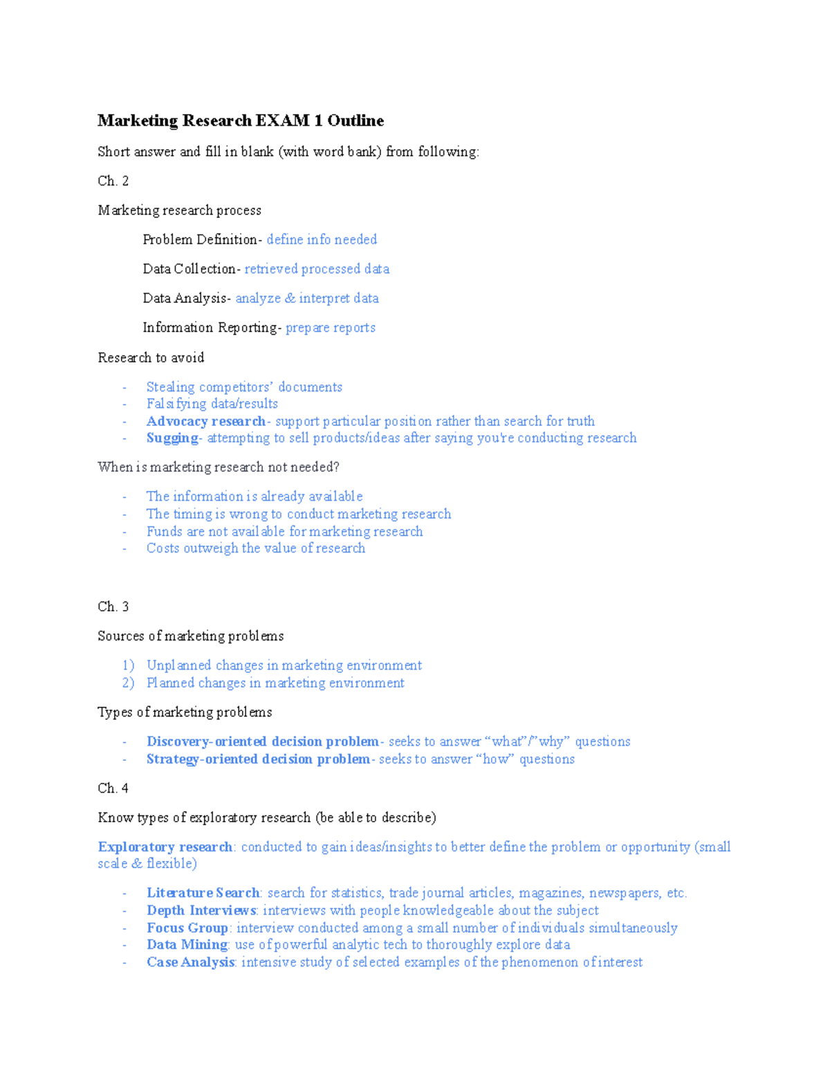 Marketing 4050 Exam 1 Outline - Marketing Research EXAM 1 Outline Short ...