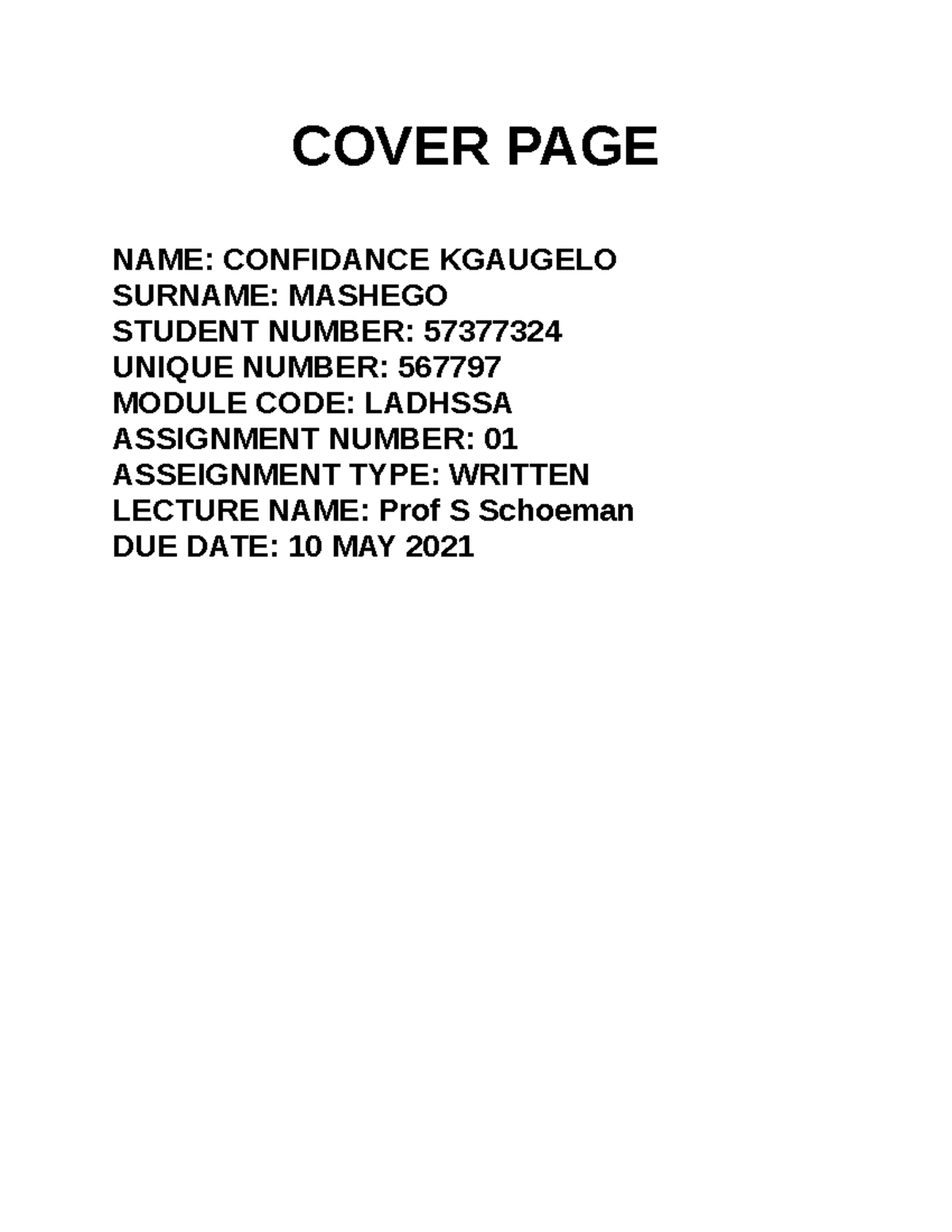 ASSIGNMENT 1 (TMS3731) - COVER PAGE NAME: CONFIDANCE KGAUGELO SURNAME: MASHEGO STUDENT NUMBER ...