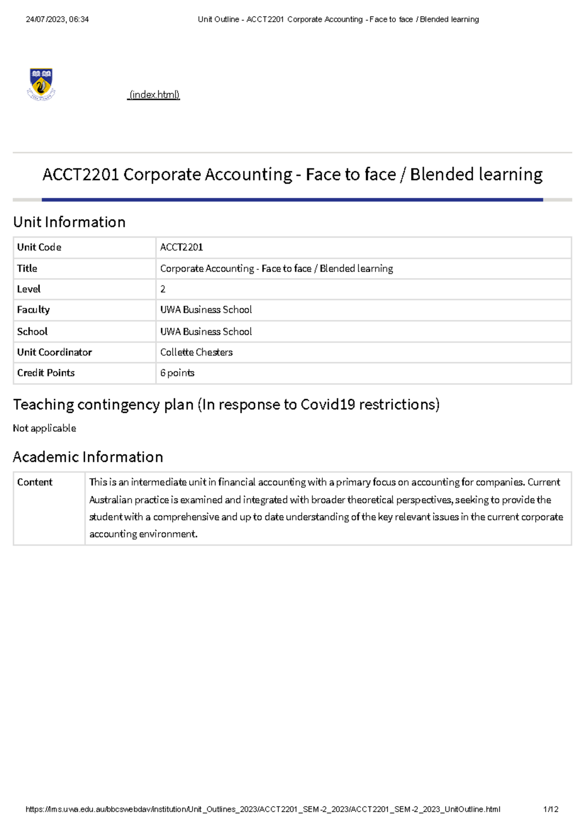 Unit Outline - ACCT2201 Corporate Accounting - Unit Information Unit Code ACCT Title Corporate ...