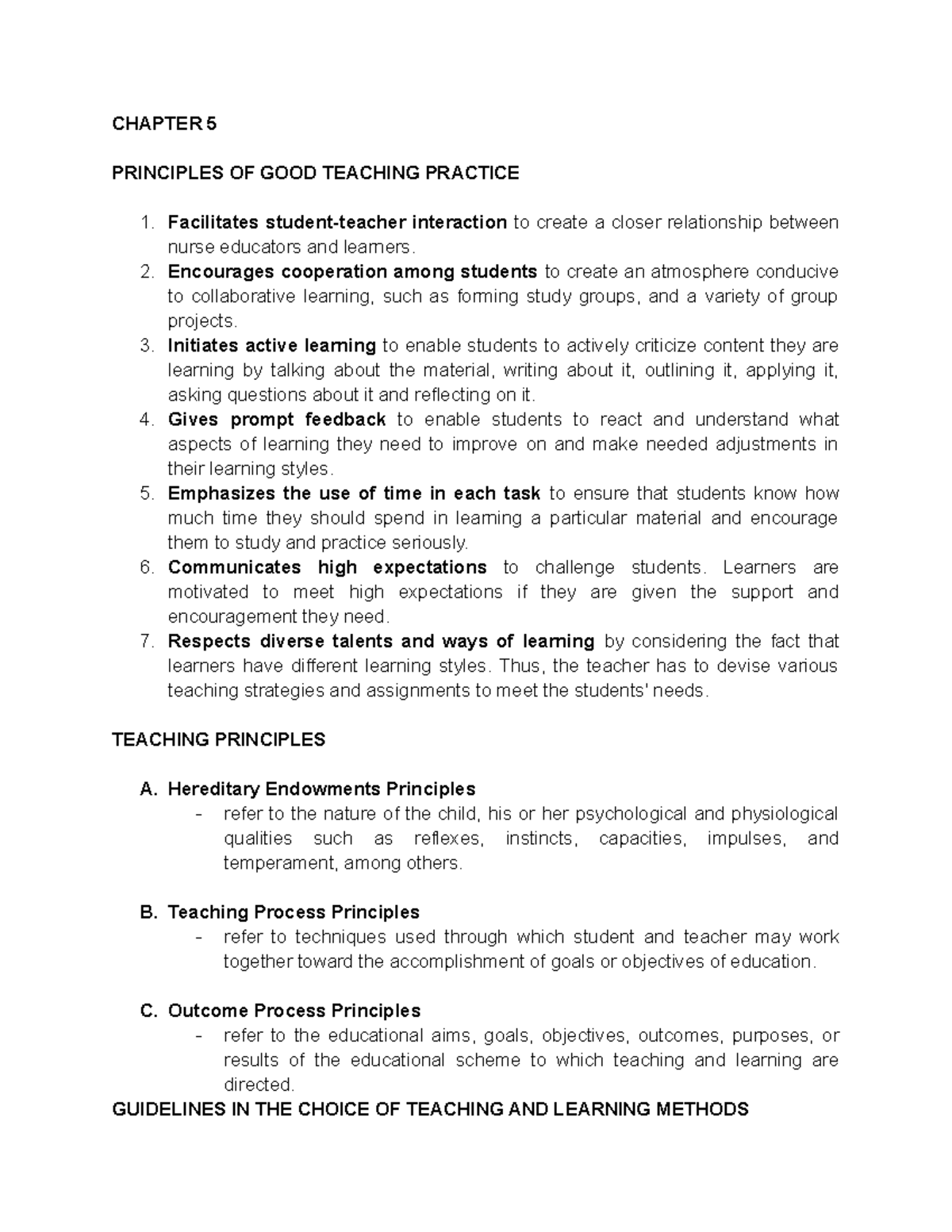 HE Lecture - Health Assessment. - CHAPTER 5 PRINCIPLES OF GOOD TEACHING ...