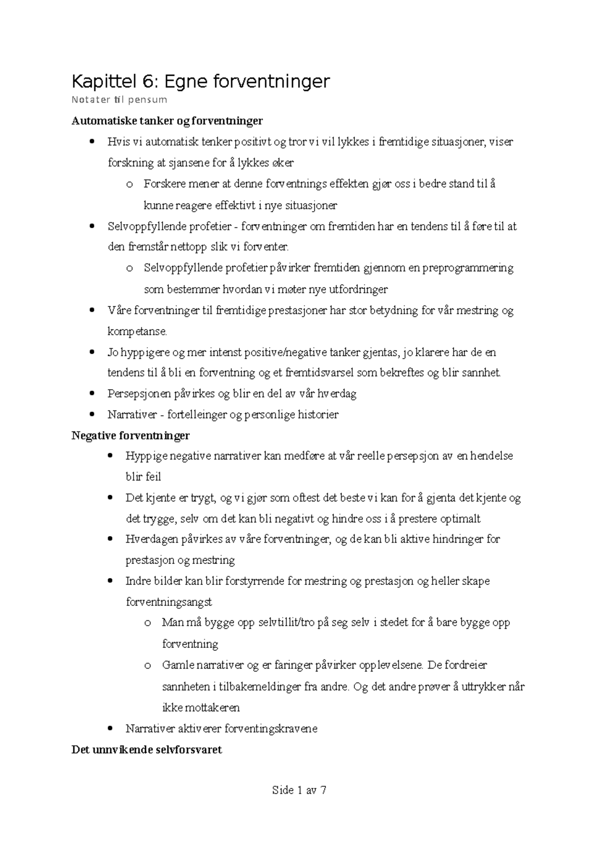 Kapittel 6 - Egne forventninger - PSYK109 - UiB - Studocu