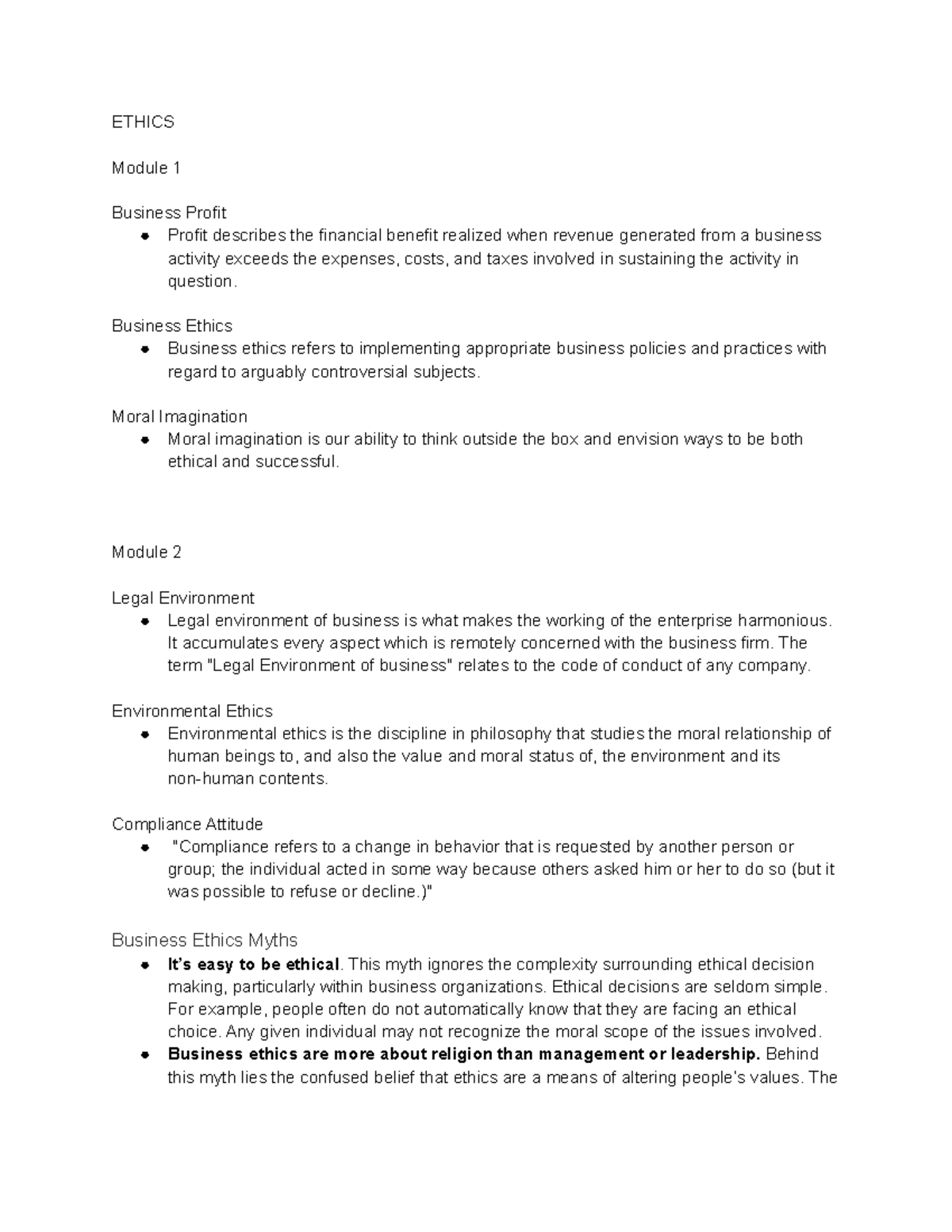 Ethics notes - key definitions from the course which will be needed for ...