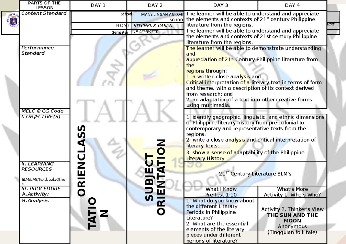 DLL Week 1 Q1 - ............. - GRADES 1 TO 12 DAILY LESSON LOG School ...