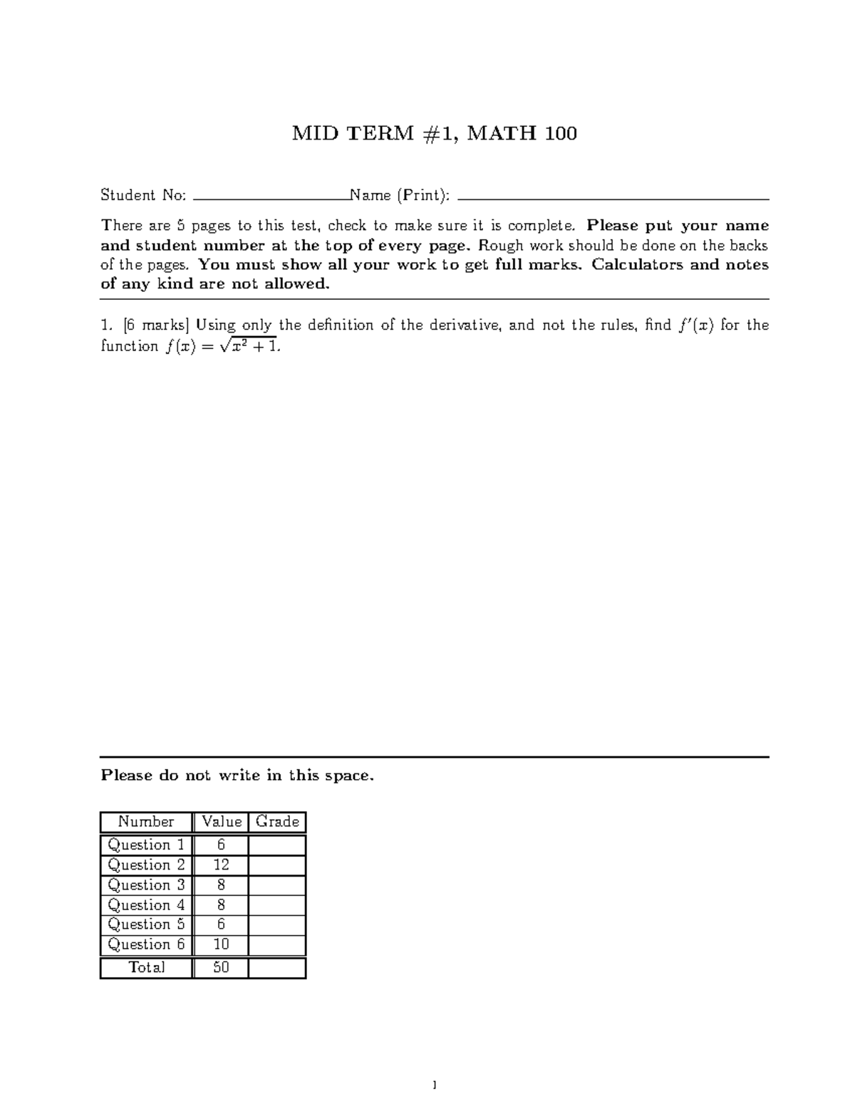 Mt1 - past paper midterm - MID TERM #1, MATH 100 Student No: Name ...